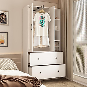 Hitow 2 Door Wardrobe Armoire Closet with Mirror, 35.5" W Wooden Wardrobe Cabinet with Hanging Rod & 2 Drawers, Bedroom Armoire Dresser Wardrobe Clothes Organizer, White