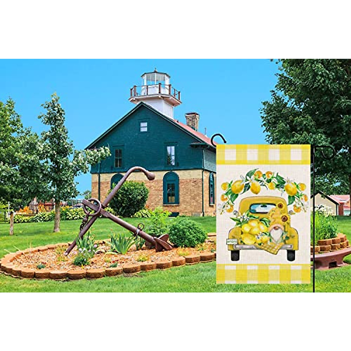 Yameeta Hello Summer Lemon Garden Flag 12.5x18 Inch Buffalo Yellow Truck with Lemons Gnome Sunflower Floral Farmhouse Decoration Double Sided Burlap Yard Lawn Outdoor Banner Flag