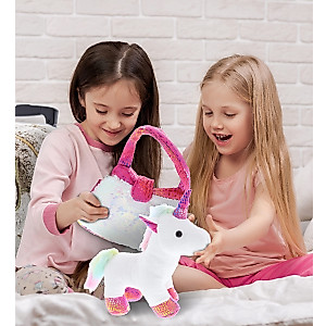 DolliBu Unicorn Bags and Keychain Set of 3-2 Unicorn Stuffed Animal Purse Bags for Girls and 1 Keychain, Removable Unicorns in Sequin and Furry Handbags for Dress Up