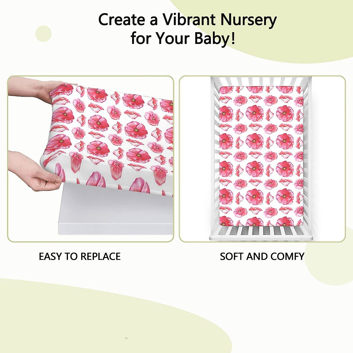 Pink Floral Themed Fitted Mini Crib Sheets,Portable Mini Crib Sheets Toddler Bed Mattress Sheets-Baby Crib Sheets for Girl or Boy,24“ x38“,Dark Coral Pale Olive Green Baby Pink