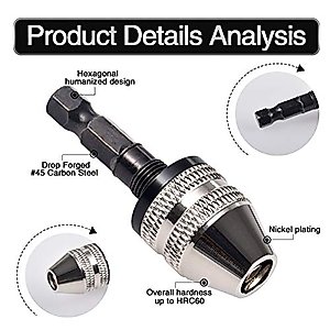 HOHXEN Keyless Mini 3-Jaw Drill Chuck Screwdriver Adapter with Quick-change 1/4" Hex Shank to Hold Straight-shank 0.3-3.6mm Drill Bits Milling Cutters for Micro-production, One Chuck (Not Three)