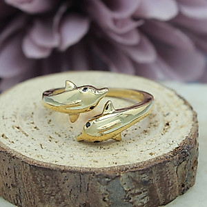 AFFY 14K Yellow Gold Over Sterling Silver Black Cubic Zirconia Double Dolphins Adjustable Ring for Women