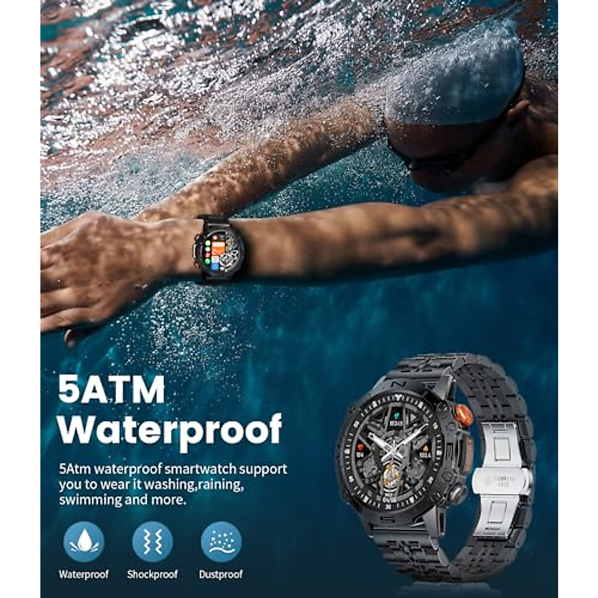Smart Watches for Men,1.43'' Amoled Ultra HD Sport Watch with 120+Sport Modes/5ATM Waterproof/45Days Battery,in&Outdoor Fitness Tracker with Call,Heart Rate/Sleep Monitor for Android iOS(2 Straps)