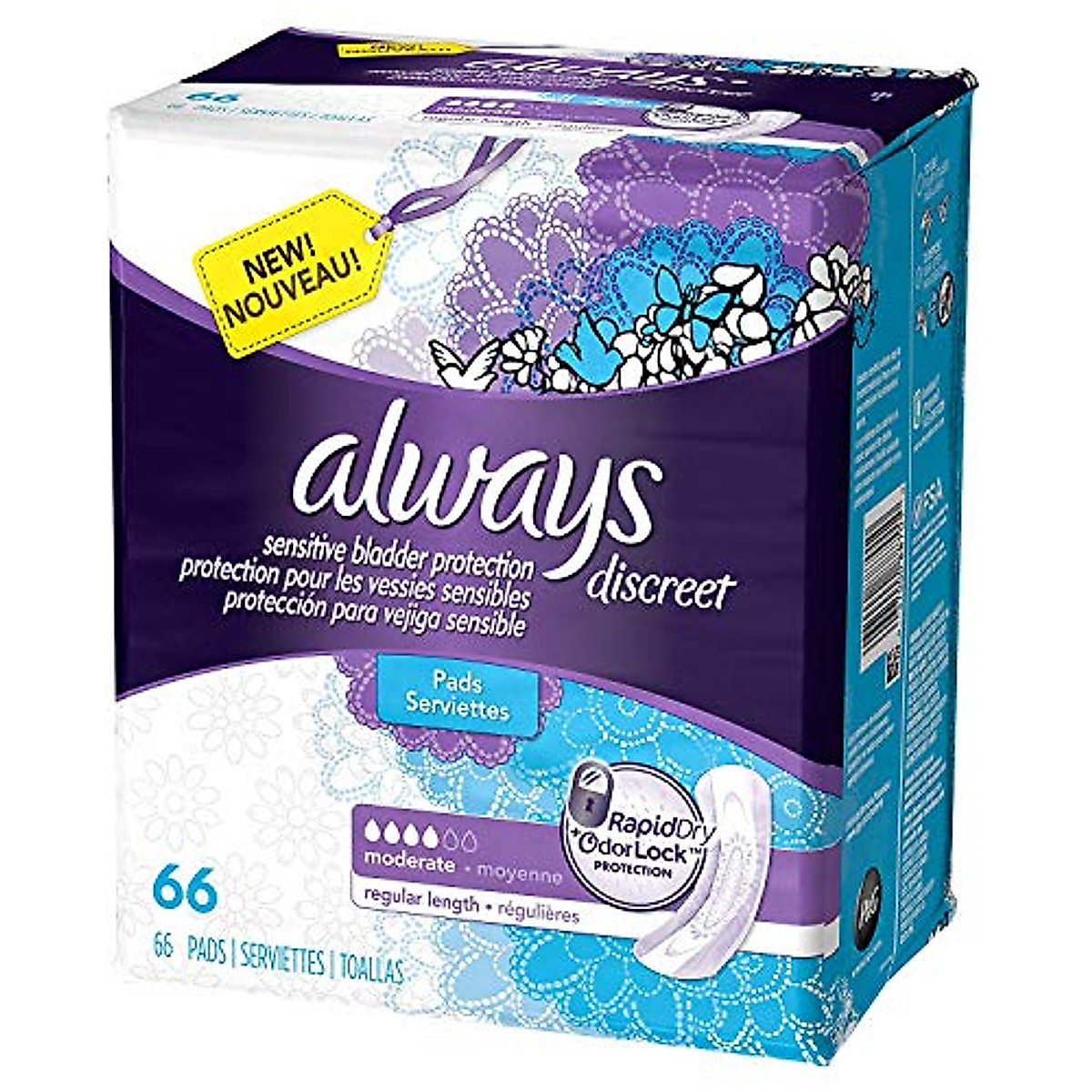Always Discreet Incontinence Pads, Moderate, Regular Length, 66 Count - 2 Pack (Includes 132 Pads Total.)