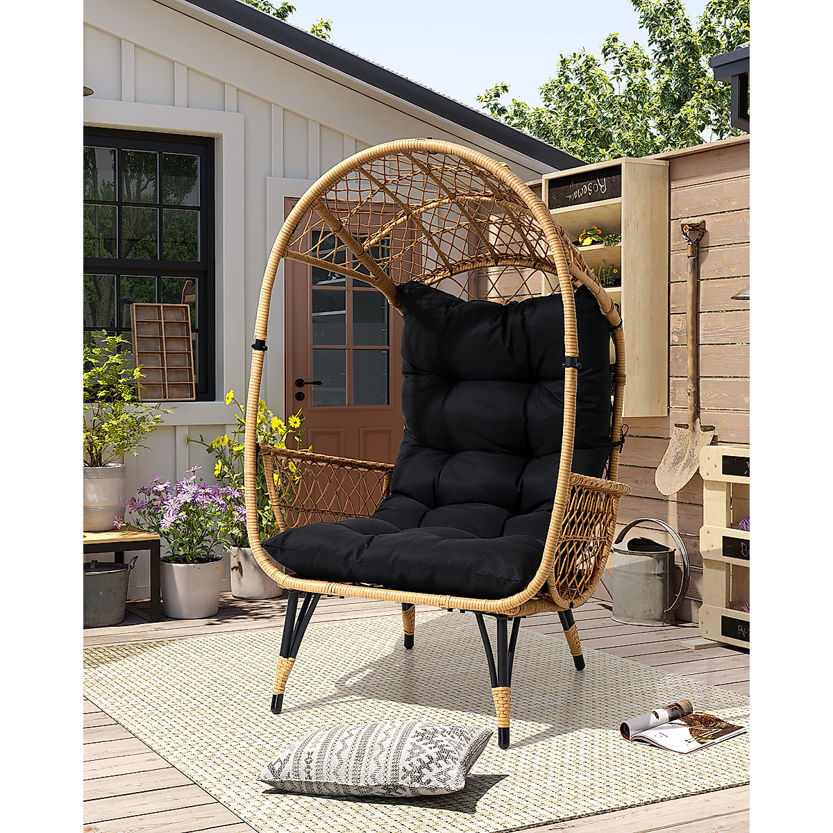 JOINHOM Hand Woven Wicker Egg Chair, Patio Sun Shade Egg Chair with Wide Armrest Allow You to Relax, Strong Metal Frame Lounge Chair w/Cushion for Garden, Balcony, Living Room