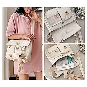 Tote Bag for Women Canvas Hobo Bag Cute Messenger Bag Shoulder Bag Large Kwaii Crossbody Bag with Pins and Pendant