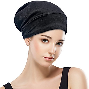 Silky Satin Lined Bonnet Sleep Cap - Adjustable Stay on All Night Hair Wrap Cover Slouchy Beanie for Curly Protection Women and Men Solid Black