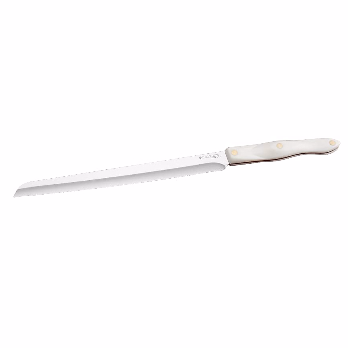 CUTCO Model 3724 White (Pearl) Santoku Slicer Knife with High Carbon Stainless 10.10" Double-D serrated edge blade and 5.5" handle in factory-sealed plastic bag.