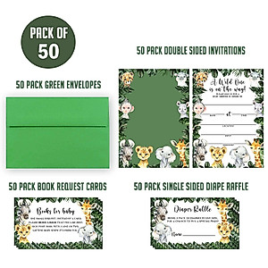 Yuzioey 50 Safari Baby Shower Invitations, Jungle Animals Invitations Macthing Envelpoes, Diaper Raffle Tickets, Book Request Cards, Safari Animals Invitations