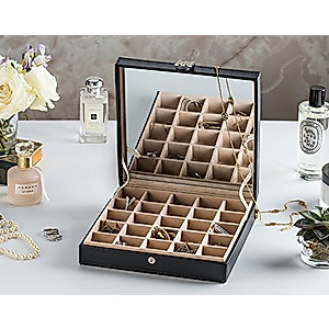 Glenor Co Earring Organizer - Classic 25 Section Jewelry Box/Case/Holder for Earrings, Rings, Necklaces, Jewelry, Cufflinks or Collections. 25 Small Compartments with Elegant Large Mirror - Black