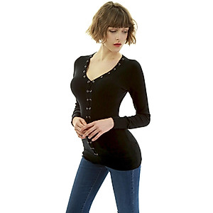 AmélieBoutik Women V Neck Eyelet Trim Long Sleeve Sweater (Black Medium)