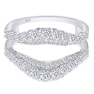 AFFY Round Cut White Cubic Zirconia Double Row Prong Set Contour Solitaire Enhancer Engagement Ring In 14k White Gold Over Sterling Silver (2.06 Cttw) Ring Size-5