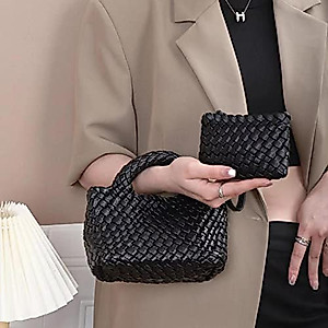 Handmade Woven Bags for Women with Coin Purse Fashion Handbag Female Shoulder Bags Foldable Chain Small Tote Crossbody Bags (Black)