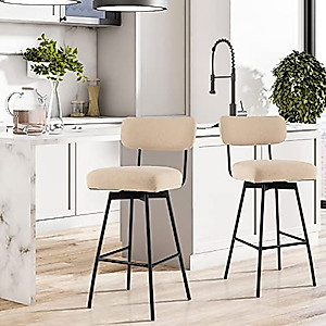 COSTWAY Bar Stools Set of 2, 29” Upholstered Bar Height Chairs with Back, 360° Swivel Bar Chairs with Heavy-Duty Metal Legs and Footrests, Fabric Seat for Kitchen Island, Dining Room, Bar (2, Beige)