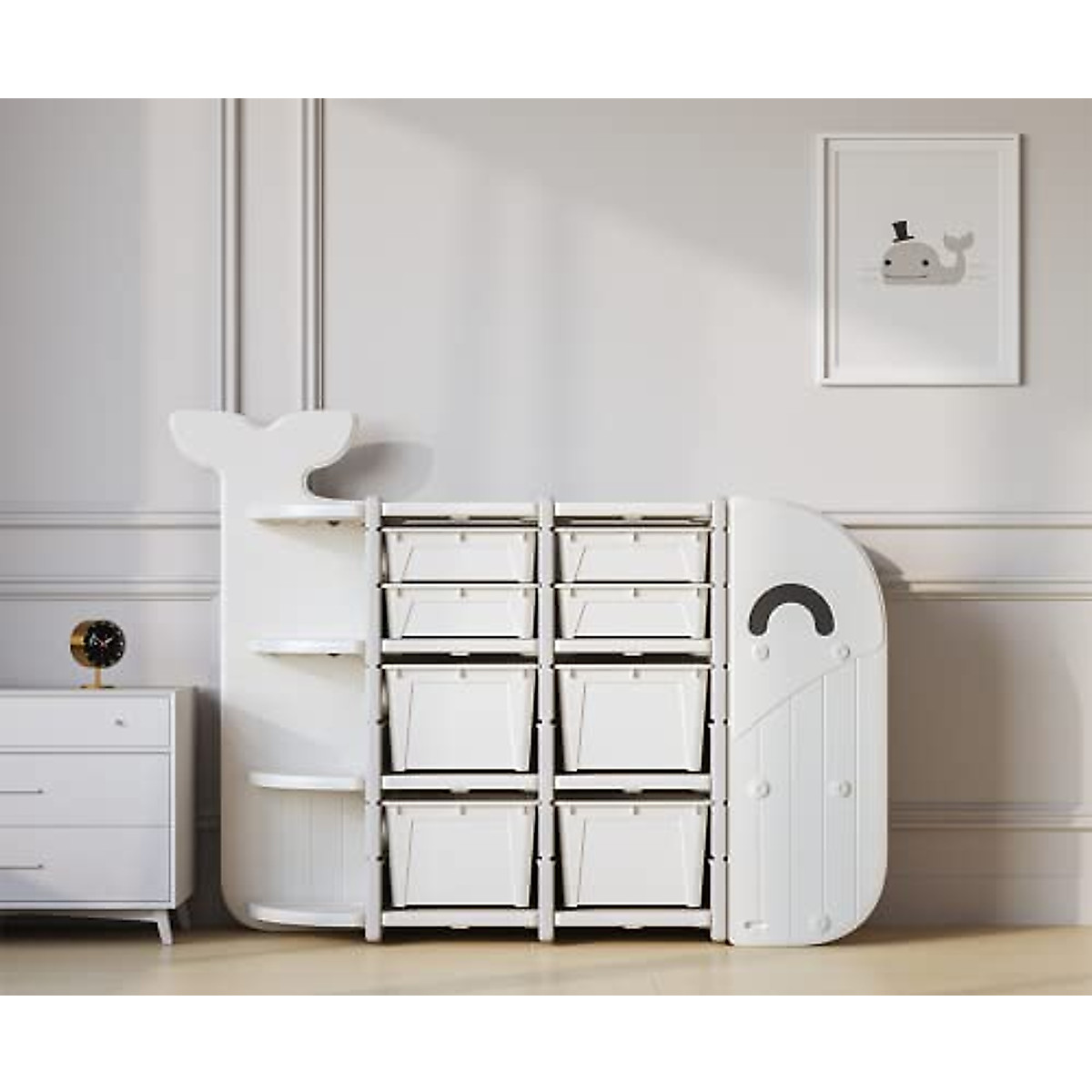 CHORBEYCH Kids 3 Layer Toy Storage Organizer with Display Bookshelves and 6 Pull-Out Storage Bins,Multipurpose Toy for Kids Bedrooms Playrooms for Age 1-12, Cute Whale(White Grey (3 * 3)