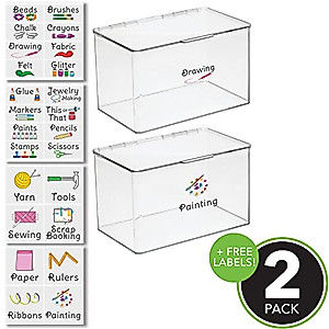 mDesign Small Plastic Stackable Lidded Craft Storage Box - Stacking Container Bin Tubs with Labels for Hobby, Crafts, and Organizing Art Supplies - 2 Bins + 32 Printed Labels - Clear