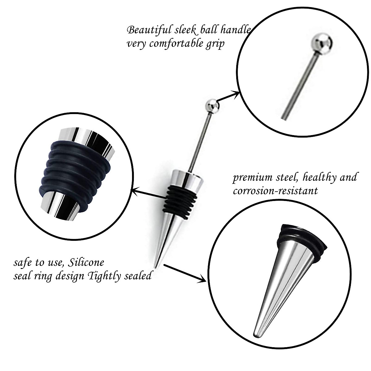 10Pcs Wine Stoppers for Wine Bottles, ENLAYER Stainless Steel Wine Saver Bottle Stopper, Reusable Wine Corks for Beverage, Silicone Wine Stopper For Gifts, Holiday Party, Wedding, Bar