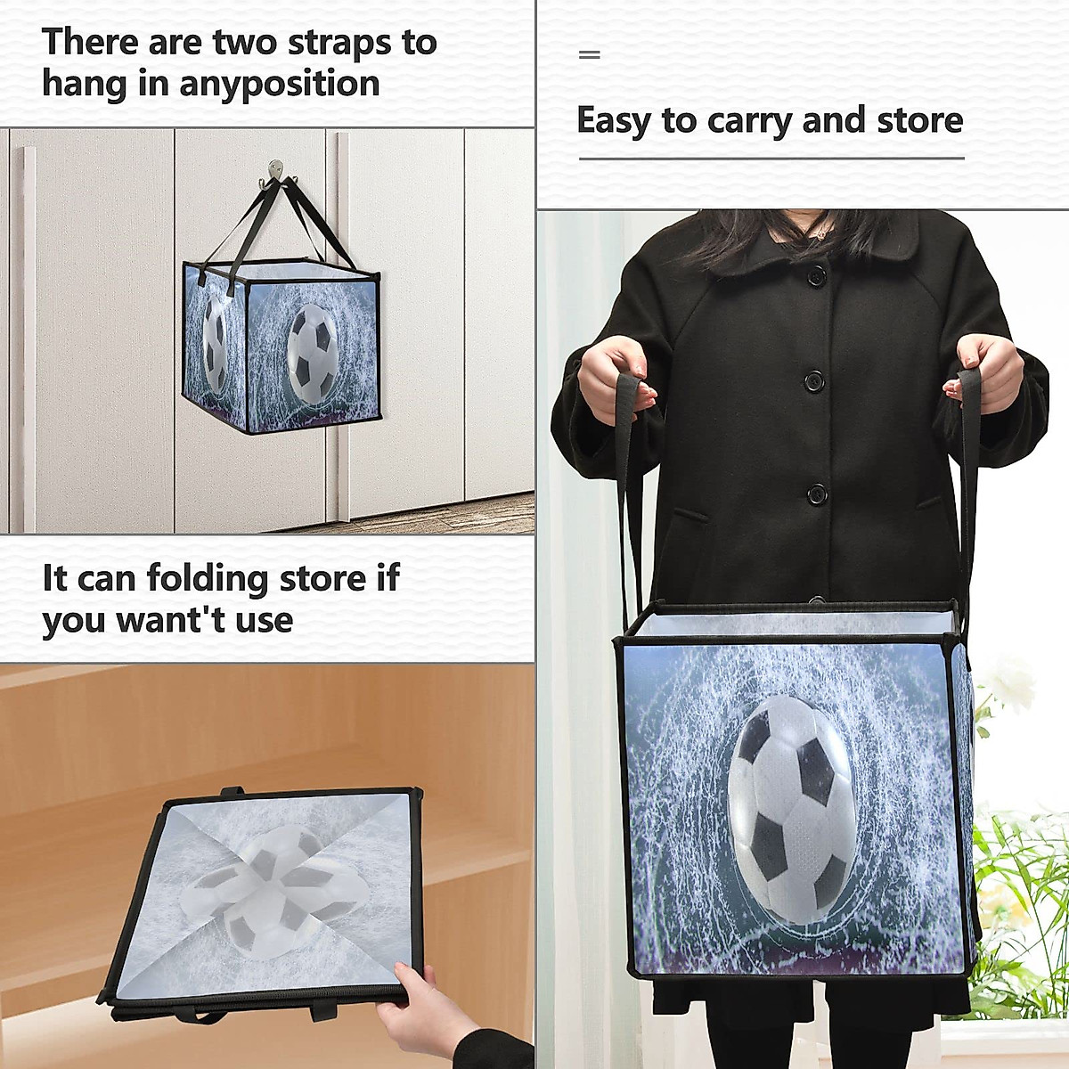 Blueangle 3d Soccer Ball Cube Storage Bin with Handles, 13 x 13 x 13 in, Large Collapsible Organizer Storage Basket for Home Décor（561）