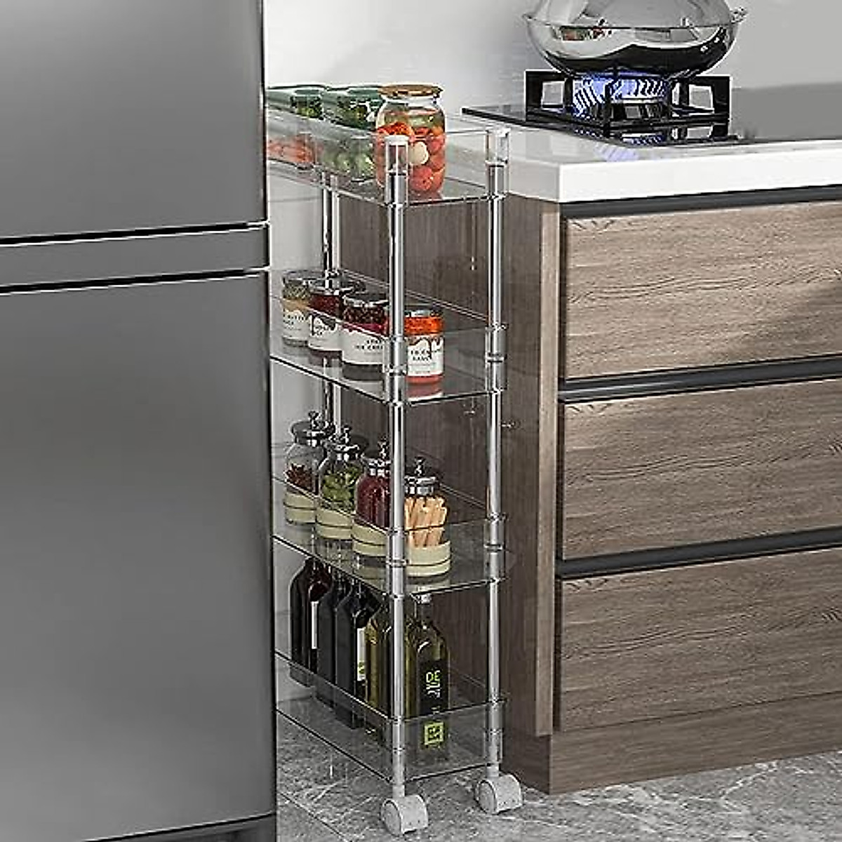 DARZYS Rolling Cart Storage cart 4-Tier Slim Corner Shelves Clear Acrylic Storage Rolling Cart with Wheels Multipurpose Shelf Display Rack 14.6" Lx5.1 Wx34.8 H