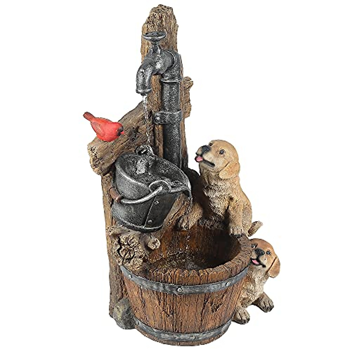 LuxenHome Water Fountain Outdoor, 3 Tiered Puppies and Water Pump Resin Outdoor Fountains and Waterfalls, Water Fountains with LED Light, 30 inch Brown/Yellow, Farmhouse Garden Water fountains outdoor