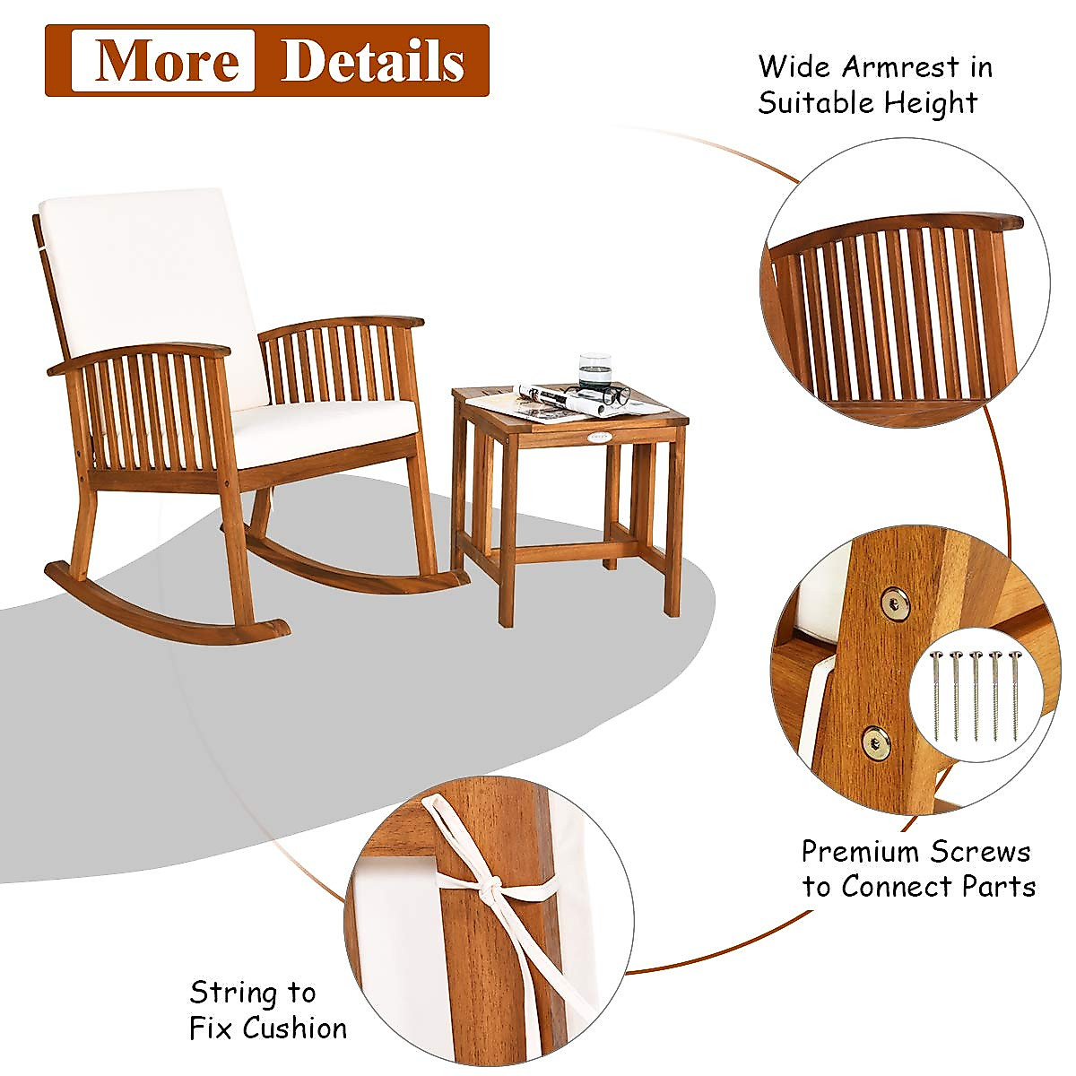 Tangkula Acacia Wood Patio Bistro Set, Outdoor Rocking Chair with Table, Porch Rocker with Thick Cushion of Detachable Cover, Porch Rocking Chair Table Set for Outdoor Indoor Patio Backyard, Teak