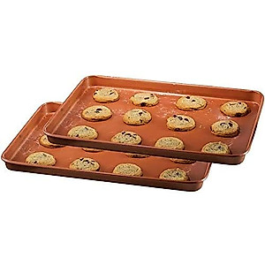 Set of 2 Nonstick Copper Cookie Sheet and Copper Coating Baking Pan for Cookies 11" x 16"
