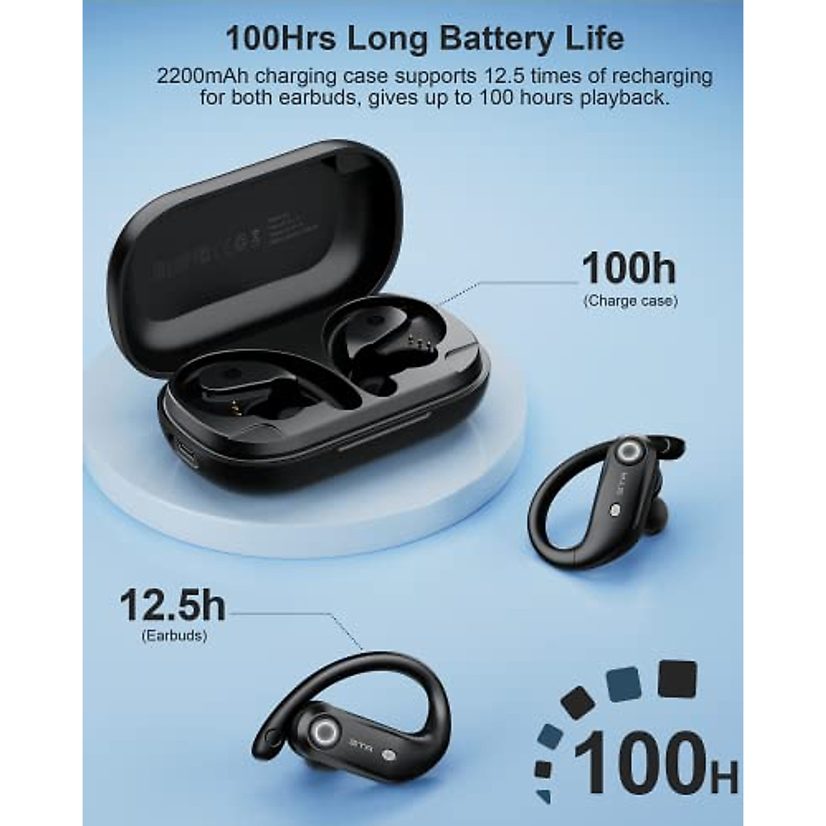 STADOR True Wireless Earbuds Bluetooth Headphones 100hrs Playback with Microphone Ear Hook in-Ear Buds Waterproof Earphones for Sports (Black)