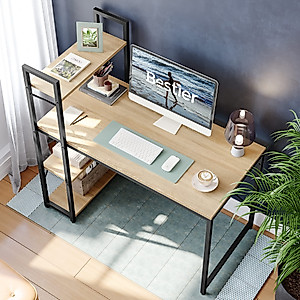 Bestier 47 Inch Computer Desk with Adjustable Shelves, Simple Writing Desk with Reversible Bookshelf and Metal Legs for Home Office and Studio, Oak