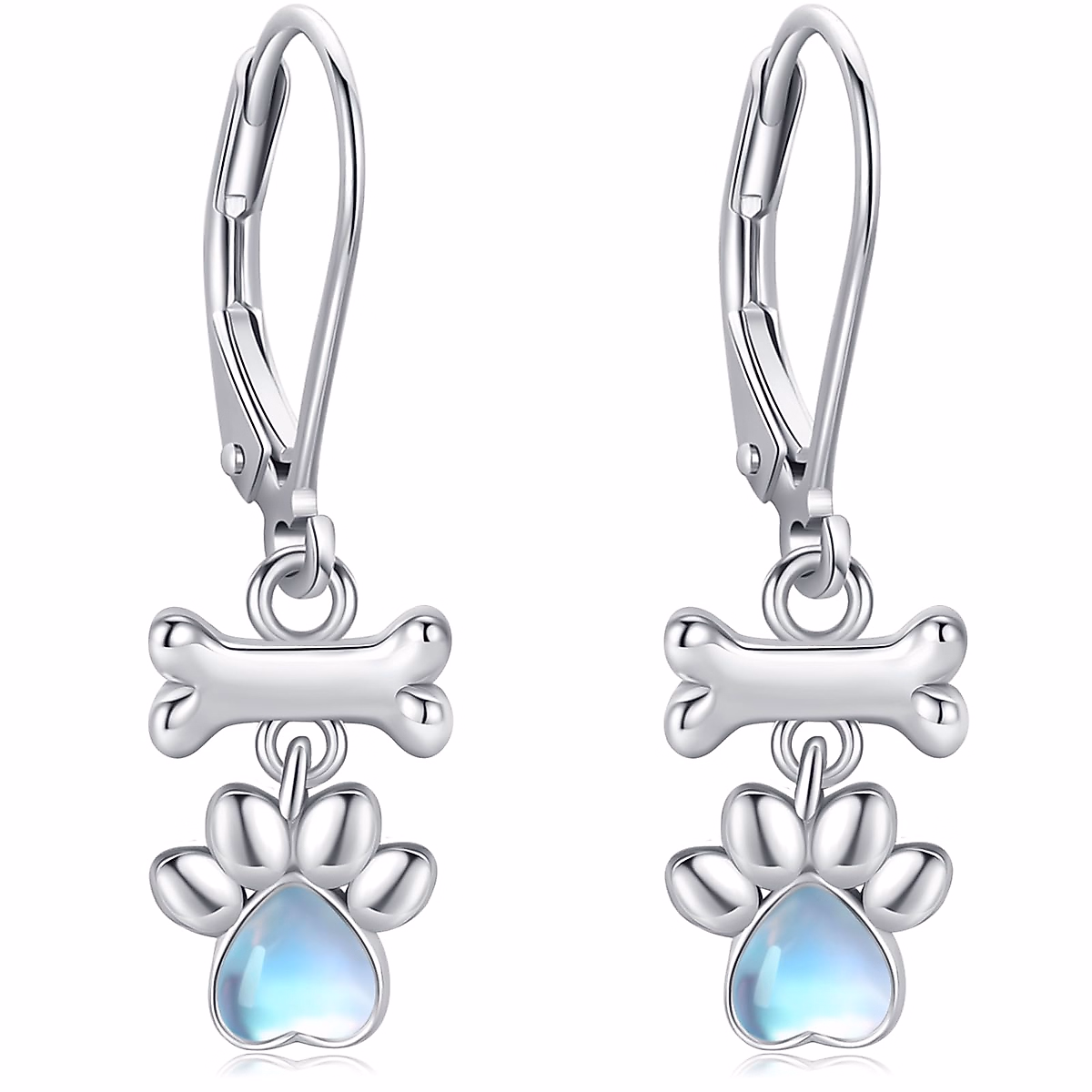 Dog Earrings 925 Sterling Silver Dog Paw Dangle Drop Earrings Dog Bone Leverback Earrings Moonstone Dog Print Earrings Animal Dog Paw Jewelry for Women