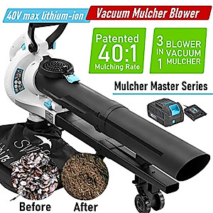 3 in 1 Cordless Leaf Blower Vacuum and Mulcher, 40V Handheld Battery Garden Blower/Vacuum and Shredder with 12L Collection Bag, Wheeled, 35:1 Shredding Ratio, Battery & Charger Included