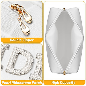 Belanttega Bride to be Patch Pearl Rhinestone Bag Cosmetic Travel Toiletry Bag Letter Large White Makeup Bag Portable Purse for Women Makeup Bridal Shower Gift Engagement Bachelorette Party Favors