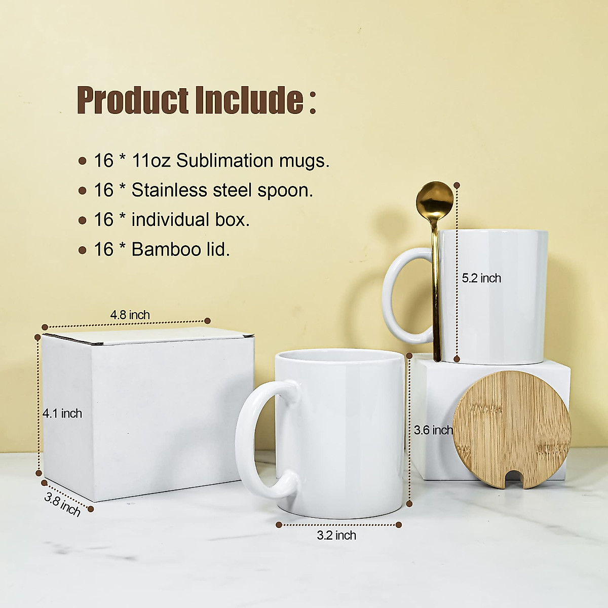 AGH 16pcs 11 Oz Sublimation Mugs Blank, White Coffee Ceramic Mugs Bulk, Plain Mug Cups for Sublimation with Bamboo Lids and Stainless Steel Spoon For Coffee, Soup, Tea, Milk, Latte, Hot Cocoa