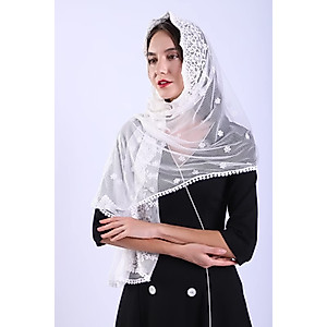 Grettytling Chapel Veil Embroidered Lace Mantilla Church Veil Head Covering Veils for Church Shawl-Scarf Wedding Shawl(White)