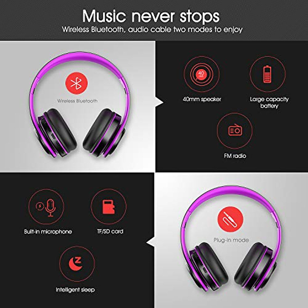 Viwind Bluetooth Wireless Headphones Over Ear with Mic, Foldable Noise Cancelling Headset for Travel Work TV PC Android Cellphone 【Hi-Fi Stereo &Comfortable Earpads】-Purple