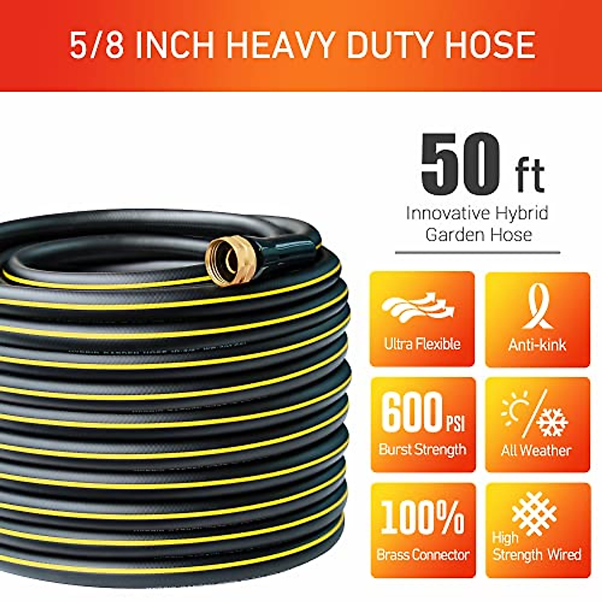 Adimos Hybrid Garden Hose 50 ft x 5/8", Heavy Duty Flexible Lightweight Water Hose 50ft with 10 Function Sprayer Nozzle, 3/4'' Solid Brass Fittings, Ultra Durable, All-weather, Burst 600 PSI
