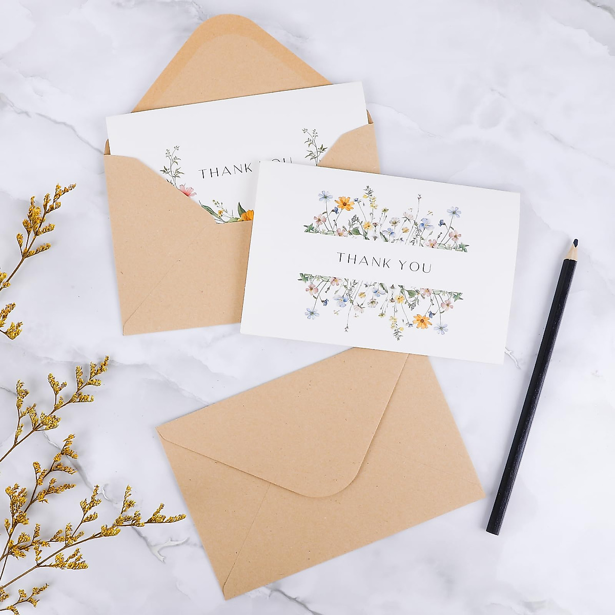 FUHITIM Thank You Cards with Envelopes(50 pack 4x6), Blank Cards with 5 Wildflower Designs, Perfect for Bridal Shower, Baby Shower, Wedding, Birthday, All Occasion