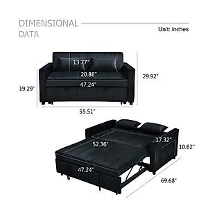 ECHINGLE 55.51" Convertible Sofa Bed, 3-in-1 Sleeper Sofa with Pullout Bed, Velvet Sofa cama with Adjustable Backrest and Side Pocket & 2 Pillows, Modern Futon Couch for Living Room, Bedroom（Black）