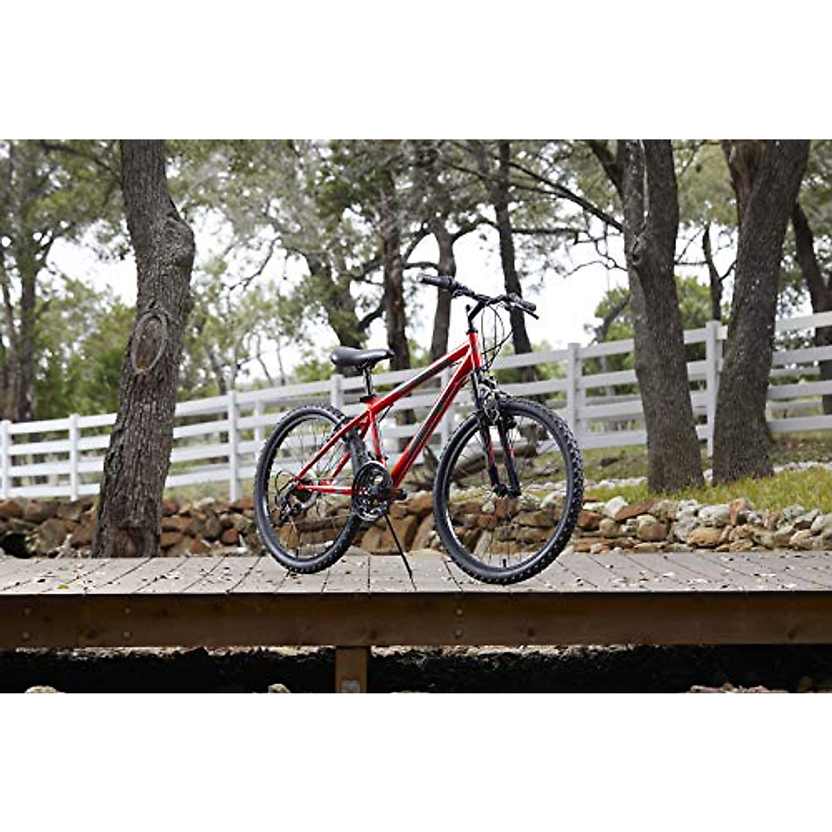 Huffy Stone Mountain Boys 24 Inch Mountain Bike, Red Gloss Frame, 21-Speed Shimano Twist Shifting, Front Suspension, Comfort Saddle | 20"/24"/26" Sizes, 6-21 Speeds, Dual Suspension Available |