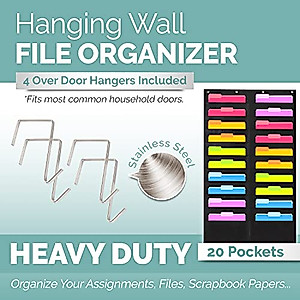 Heavy Duty Storage Pocket Chart for Classroom and Office, 20 Pockets, 4 Over Door Hangers Included, Hanging Wall File Organizer for File Folders, School Mailbox, Home/Office Papers & More (Black)