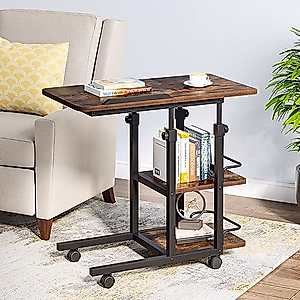 Tribesigns Height Adjustable C Table with Storage, Mobile Couch Snack Side Table with Tiltable Drawing Board, Sofa Bedside Table Laptop Rolling Cart for Bedroom, Living Room (Rustic Brown)