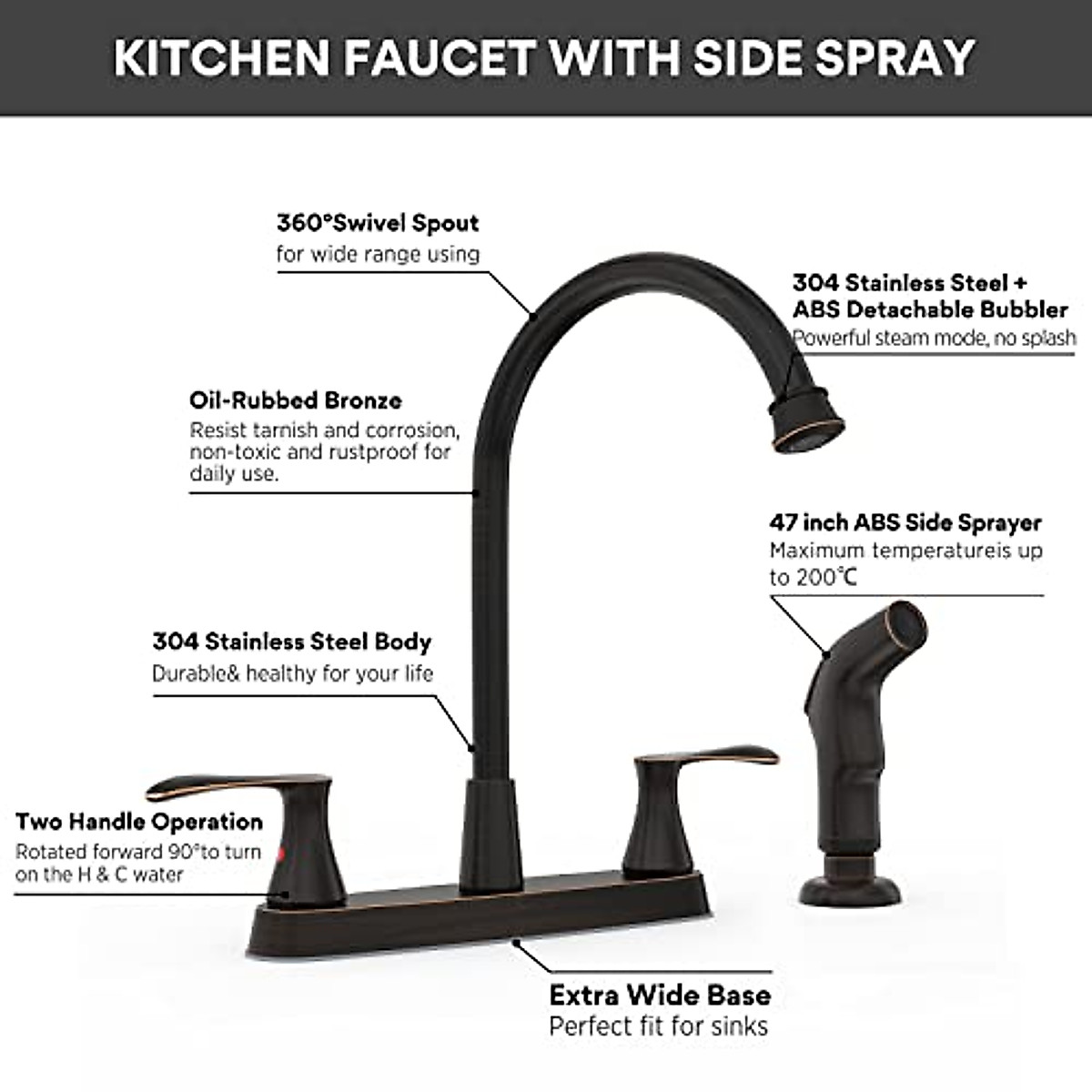 Kitchen Faucets for Sink 3 Hole,2-Handle Kitchen Faucet with Side Sprayer,Oil-Rubbed Bronze Kitchen Sink Faucet,4 Hole Faucet for Kitchen Sink Stainless Steel