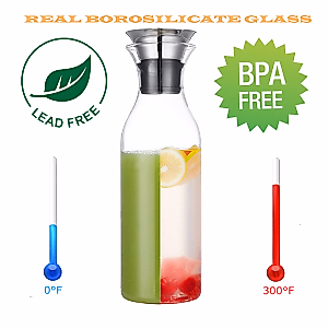 Karafu Glass Carafe with Lid, 50 Ounces Borosilicate Drip-free Glass Pitcher for Hot/Cold Water, Ice Tea and Juice Beverage