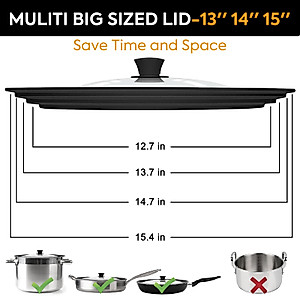 Mubal Universal Pan Lid, Fits 13", 14", 15" Diameter Cookware, Big Lid for Pots,Frying Pans and Skillets - Tempered Glass with Heat Resistant Silicone Rim, BPA Free,Dishwasher Safe,Black