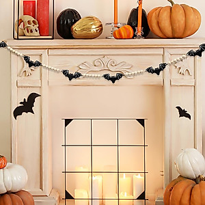 AKEROCK Halloween Garland, Halloween Decorations Indoor - Farmhouse Wood Bat with Skeleton and Bead Halloween Banner for Fireplace Mantel Decoration - Bats Garland