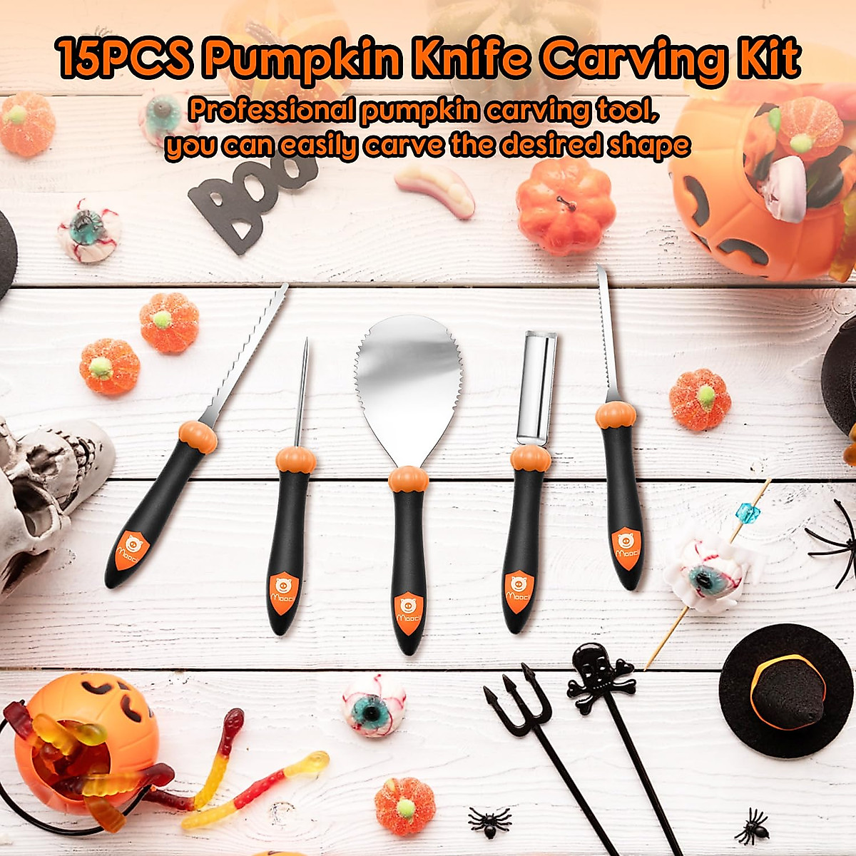 Halloween Pumpkin Carving Tools Kit: 15PCS Professional Heavy Duty Carving Set Stainless Steel Double-Side Sculpting Tool Carver Knife for Jack-O-Lantern DIY Decoration Cutting Sculpting with Handbag