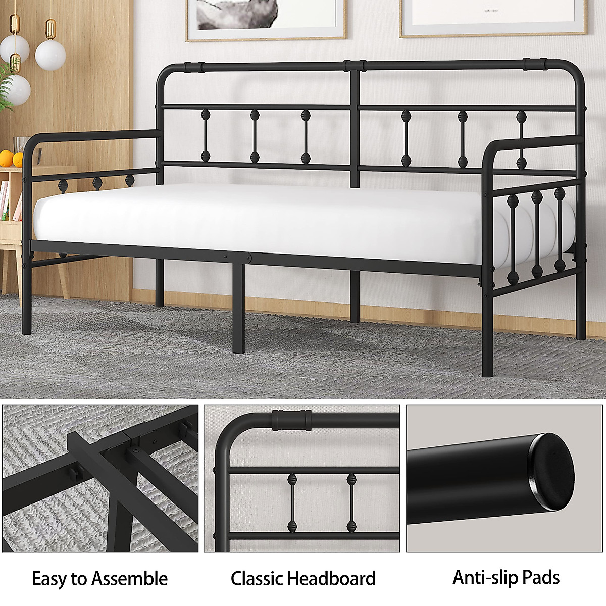 Yoshiely-Daybed-Twin-Platform-Bed-Frame with-Headboard - Classic Metal Steel Slat Support,No Box Spring Needed,Sofa Bed with Storage(Black)