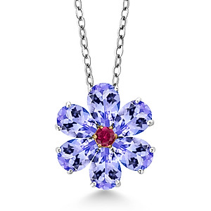 Gem Stone King 925 Sterling Silver and 10K Yellow Gold Blue Tanzanite and Red Created Ruby Pear Shape Flower Pendant Necklace For Women (2.73 Cttw, Gemstone Birthstone, with 18 Inch Chain)