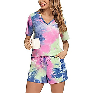 EISHOPEER Womens Tie Dye Printed Tee and Shorts Pajamas Set Sleepwear Pjs Sets LoungewearMulticolored S