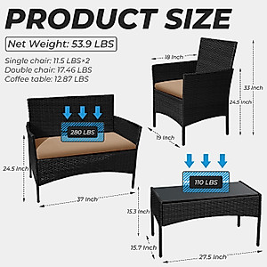 MGHH Patio Furniture Set 4 Pieces Outdoor Furniture Wicker Patio Conversation Sets Rattan Chairs with Soft Cushion and Glass Table for Pool Backyard Garden Balcony Porch Small Space,Black and Khaki