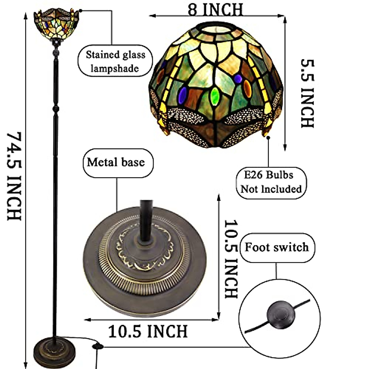 ZJART Torchiere Tiffany Floor Standing Thin Pole Lamp Stained Glass Dragonfly Arched Lamp Swing Arm Angle Adjustable Gooseneck Reading Light Conner Tall Uplight 8*8*72 Inch Decor Living Room Bedroom